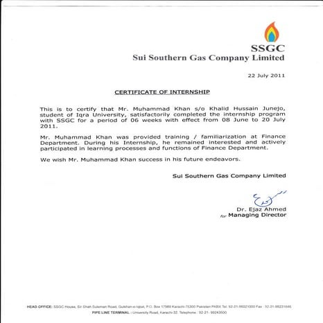 SSGC (BBA Internship) | PDF