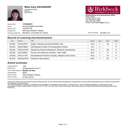 Birkbeck Transcript | PDF