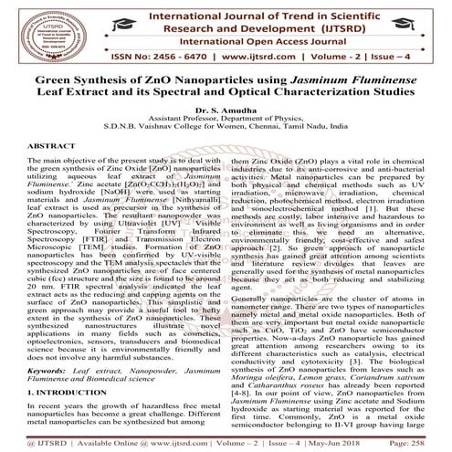 Green Synthesis of ZnO Nanoparticles using Jasminum Fluminense Leaf Extract and its Spectral and ...