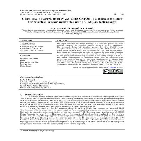 Ultra-low power 0.45 mW 2.4 GHz CMOS low noise amplifier for wireless sensor networks using 0.13 ...