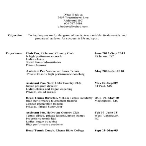Diego Bedoya Tennis resume | DOCX