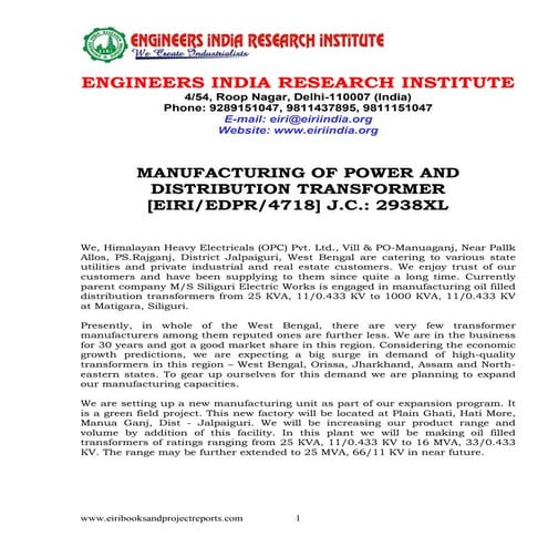 Detailed Project Report on MANUFACTURING OF POWER AND DISTRIBUTION ...
