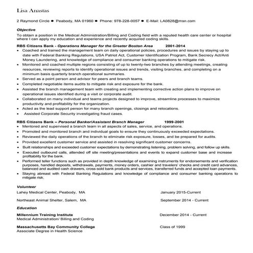 Lisa Anastas Medical Field Resume | DOC | Business Banking & Finance ...
