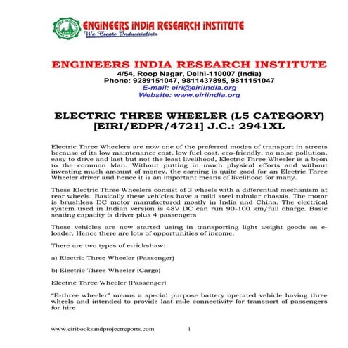 Detailed Project Report on ELECTRIC THREE WHEELER (L5 CATEGORY) | PDF