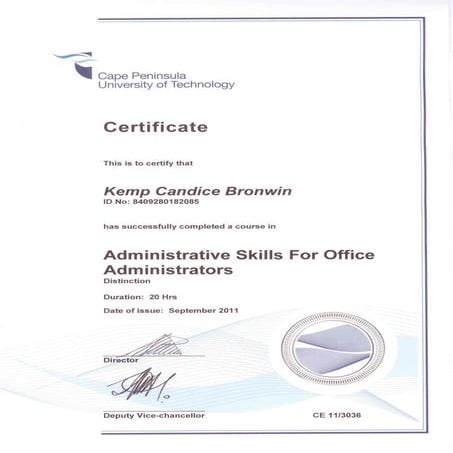 Certificate - C Kemp - Office Administrator | PDF
