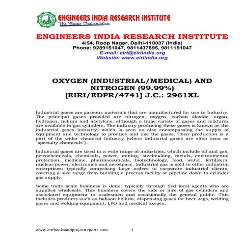 Detailed Project Report on OXYGEN (INDUSTRIAL/MEDICAL) AND NITROGEN (99 ...