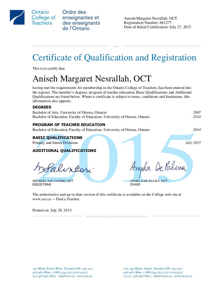 OCT Certificate