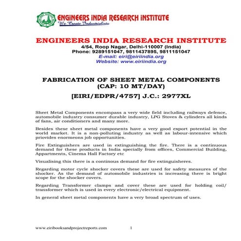 Detailed Project Report on FABRICATION OF SHEET METAL COMPONENTS (CAP ...