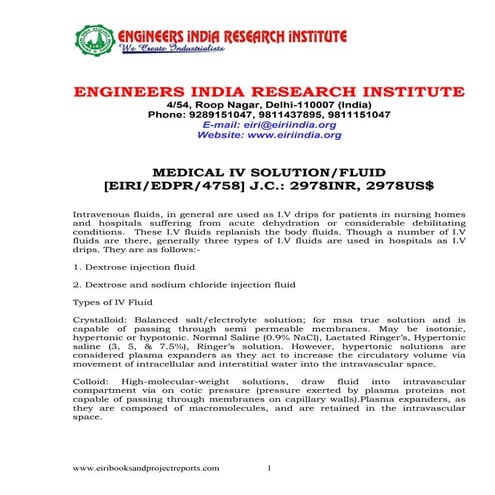 Project Report MEDICAL IV SOLUTION/FLUID | PDF