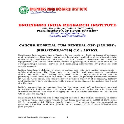 Detailed Project Report on CANCER HOSPITAL CUM GENERAL OPD (120 BED) | PDF