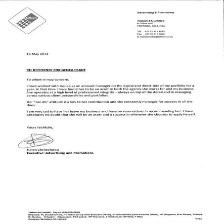 Telkom reference letter - Genea Frade | PDF