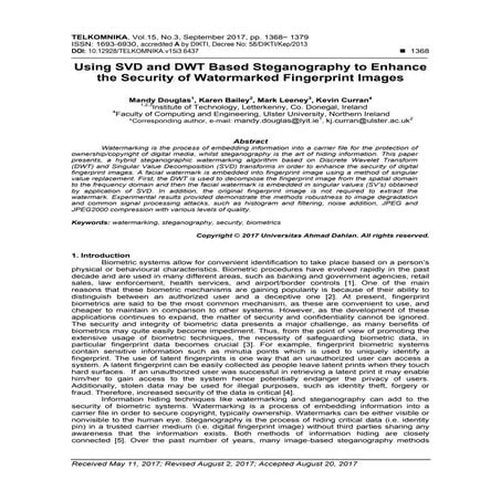 Using Svd And Dwt Based Steganography To Enhance The Security Of Watermarked Fingerprint Images 