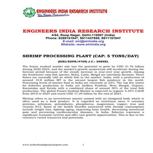 Detailed Project Report on SHRIMP PROCESSING PLANT (CAP: 5 TONS/DAY) | PDF