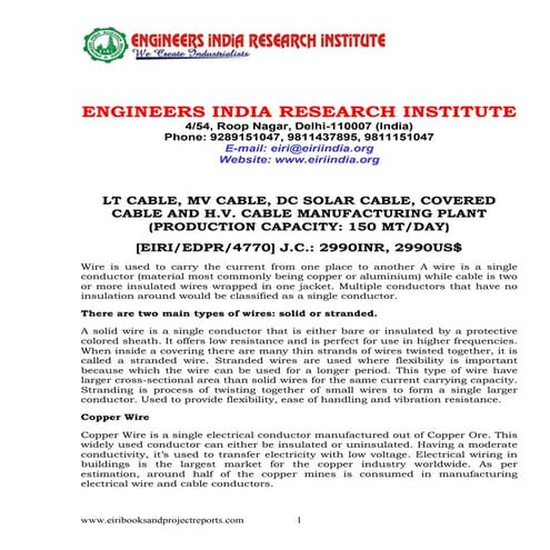 Detailed Project Report on LT CABLE, MV CABLE, DC SOLAR CABLE, COVERED ...