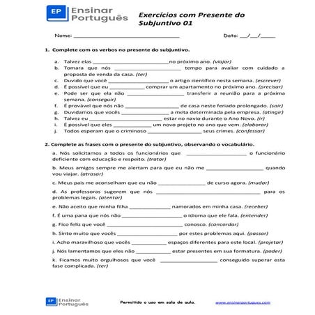 subjuntivo presente exercicios simples para fazer | PDF