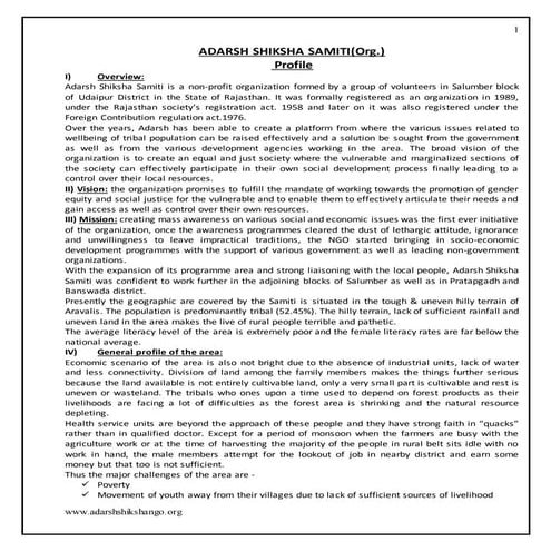 Adarsh Org.profile 2016 | DOCX | Non-Profit Organizations | Industries