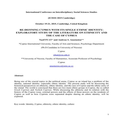 RE-DEFINING CYPRUS WITH ITS SINGLE ETHNIC IDENTITY EXPLORATORY STUDY OF THE LITERATURE ON THE ...