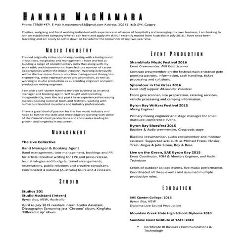 Hannah Mac Resumé Music Industry | PDF