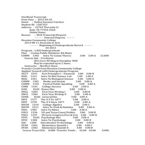 Unofficial Transcript | PDF