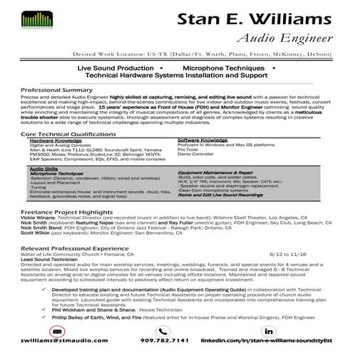 2017 Stan E Williams_Sound Engineer Resume | PDF | Digital Audio ...