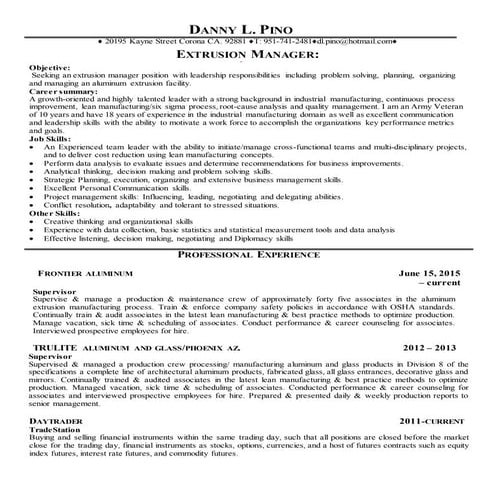 Danny Pino extrusion manager resume | DOCX