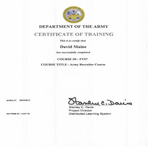 Army recuriter course cert | PDF