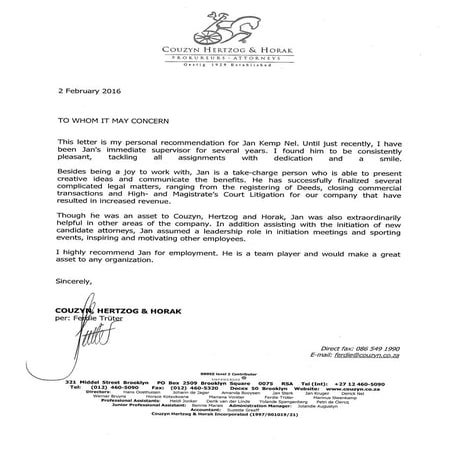 Letter of Reference - Jan Kemp Nel | PDF