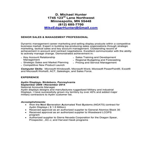 D. Michael Hunter Resume' | PDF | Sales | Business
