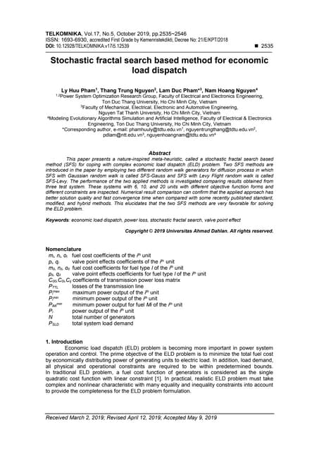 Stochastic Fractal Search Based Method For Economic Load Dispatch Pdf