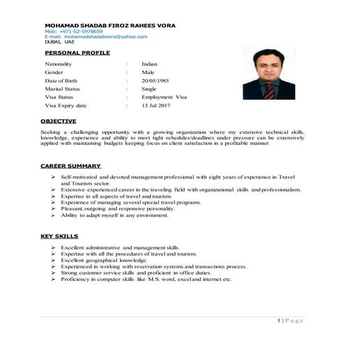 MOHAMAD SHADAB VORA CV | DOCX | Business Travel | Travel Type
