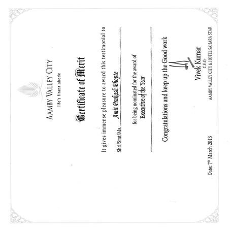 Best Executive certificate Aamby Valley City | PDF