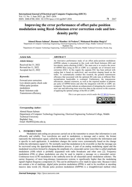Improving The Error Performance Of Offset Pulse Position Modulation Using Reedsolomon Error