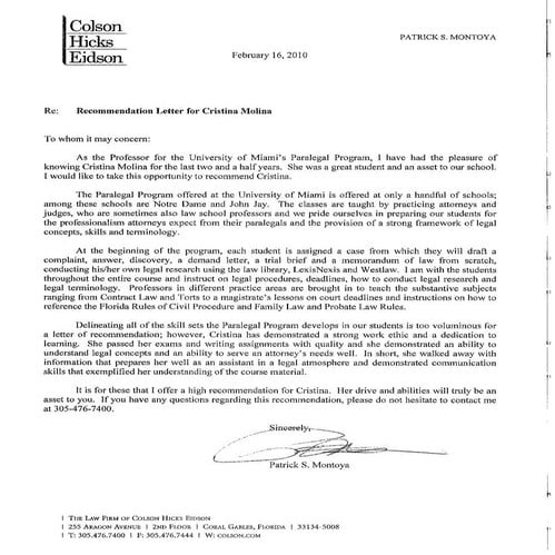Recommendation Letter from Paralegal Program Professor | PDF