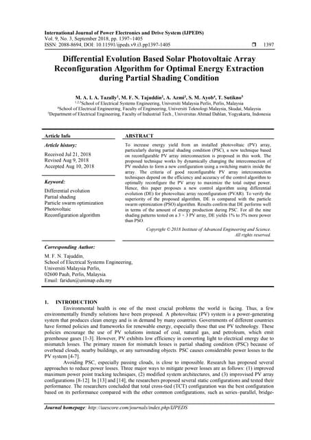 Differential Evolution Based Solar Photovoltaic Array Reconfiguration
