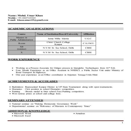 Umar khan Resume | DOCX | College Education | Education