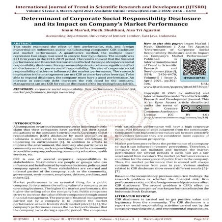 Determinant of Corporate Social Responsibility Disclosure and its Impact on Companys Market ...