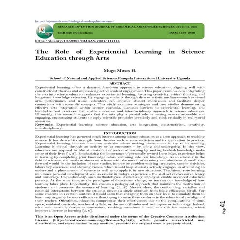 The Role of Experiential Learning in Science Education through Arts ...