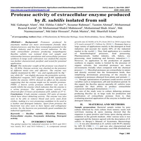 protease activity of extracellular enzyme produced by b. subtilis isolated from soil | PDF