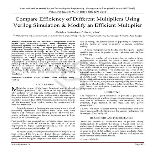 Compare Efficiency of Different Multipliers Using Verilog Simulation & Modify an Efficient ...
