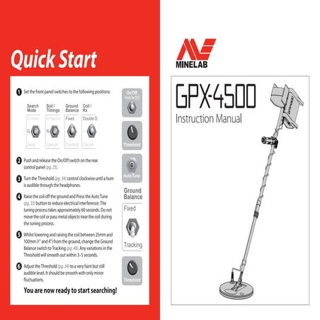 Quick Start Manual Minelab GPX-4500 Metal Detector English Language ...