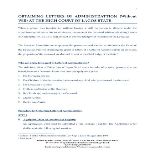PROCEDURE FOR OBTAINING LETTERS OF ADMINISTRATTION | PDF