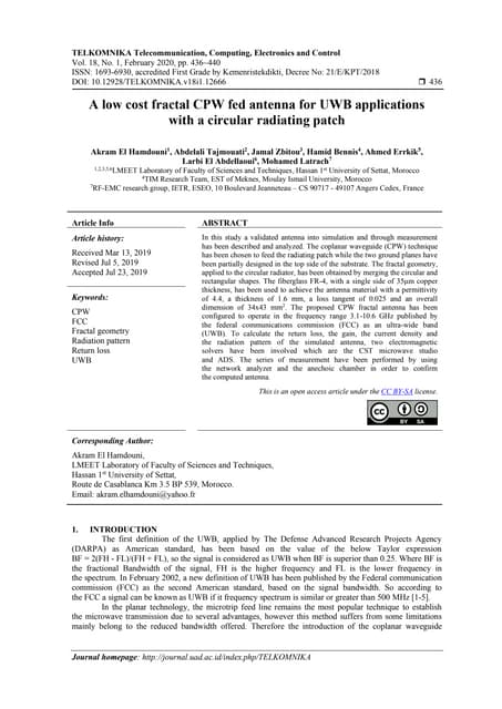 A Low Cost Fractal Cpw Fed Antenna For Uwb Applications With A Circular Radiating Patch Pdf