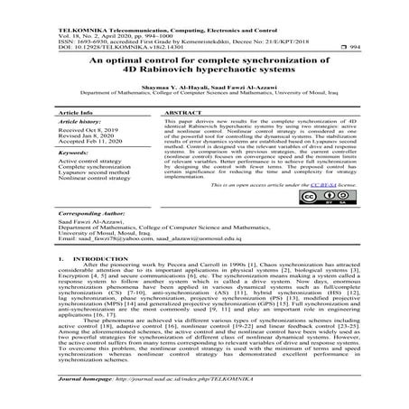 An Optimal Control For Complete Synchronization Of 4d Rabinovich Hyperchaotic Systems Pdf