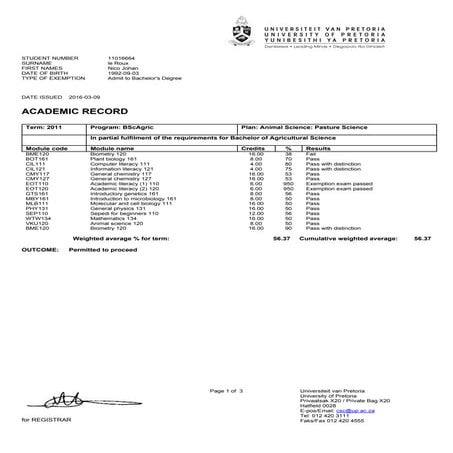 NJ le Roux BSc Agric Academic record | PDF