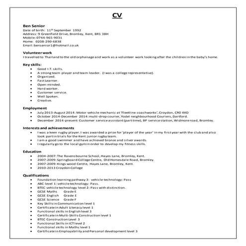 ben senior cv new 2015 | DOCX | Education