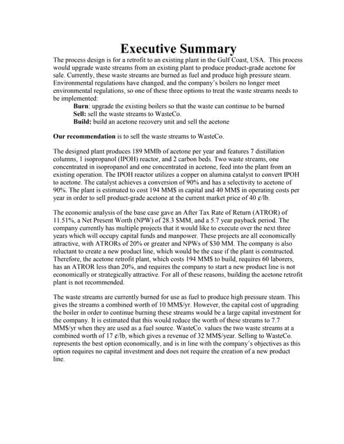 Full design for acetone production | PDF | Chemistry | Science