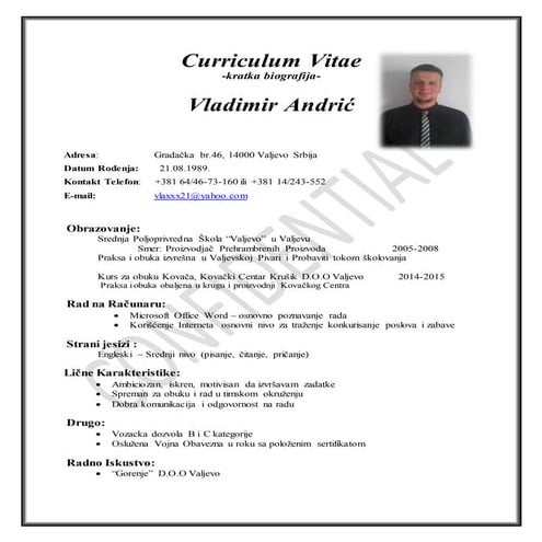 Vladimir Andric CV 2016 | DOCX
