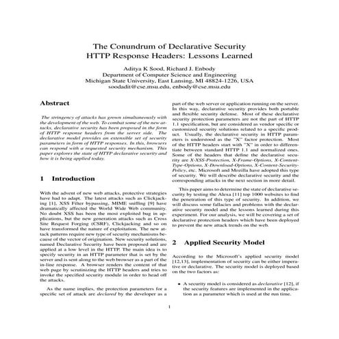 USENIX CollSec 2010 - Conundrum of Declarative Security in HTTP Response Headers | PDF | Web ...