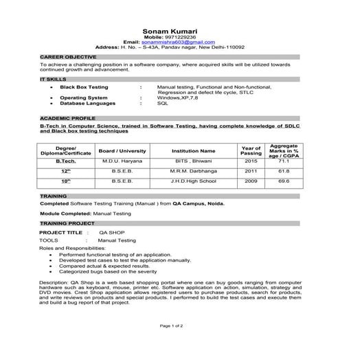 Resume Sonam | DOC | Computing | Technology & Computing