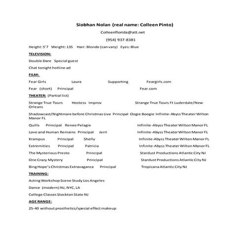 Acting resume Colleen Pinto aka Siobhan Nolan | PDF